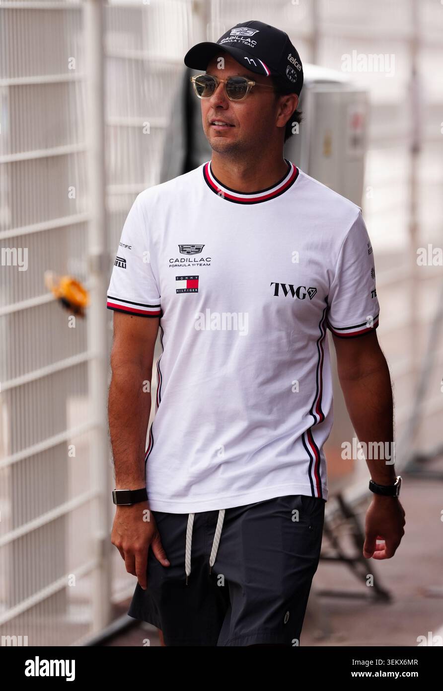 Cadillac driver Sergio Perez arriving at the Circuit de Monaco, Monte ...