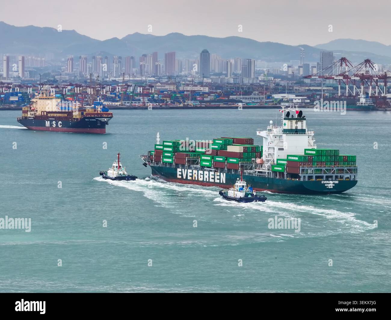 Large container ships loaded with foreign trade goods arrive at or ...