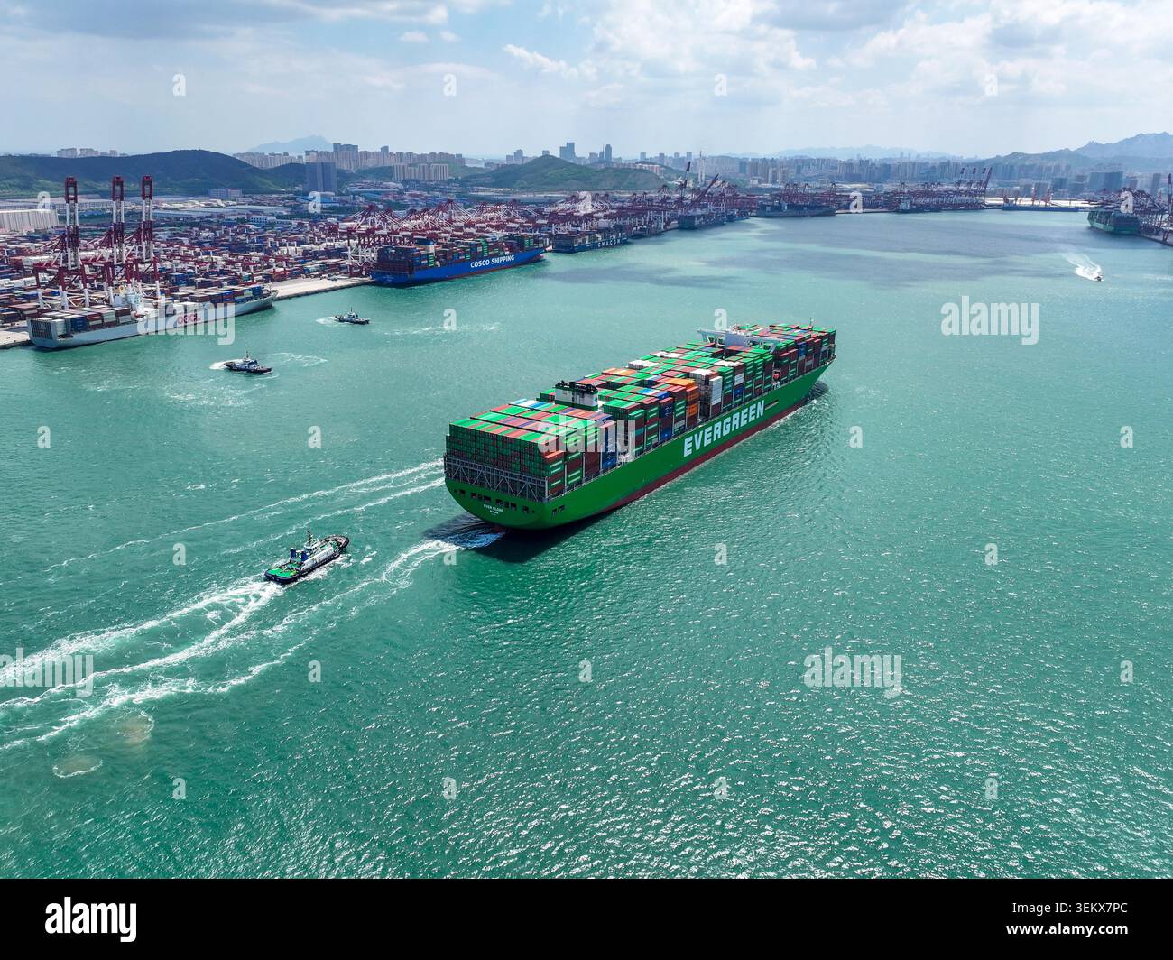 Large container ships loaded with foreign trade goods arrive at or ...