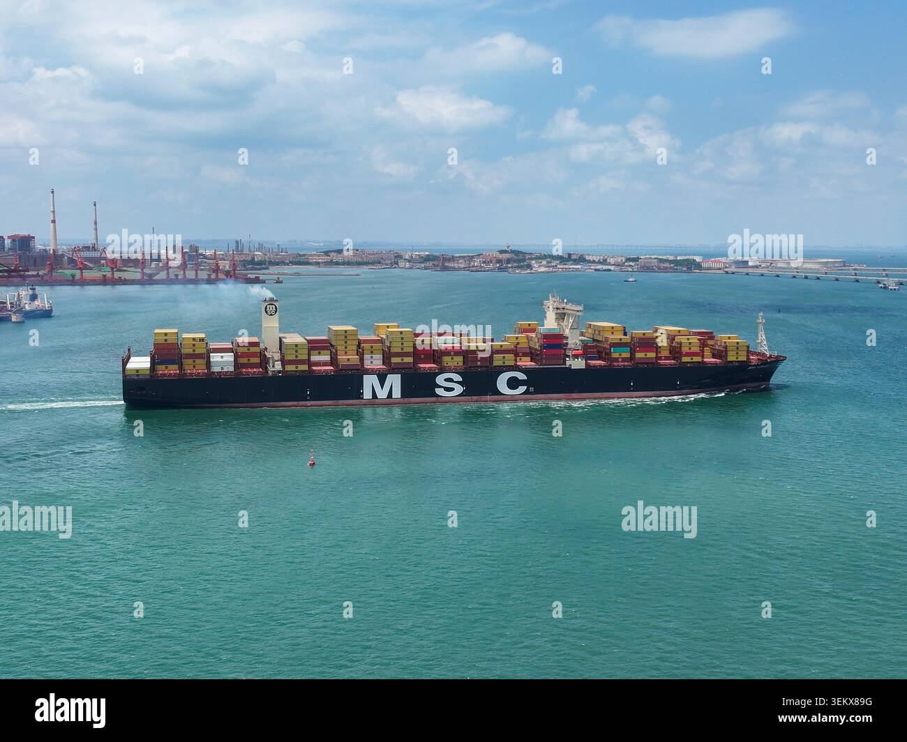 Large container ships loaded with foreign trade goods arrive at or ...
