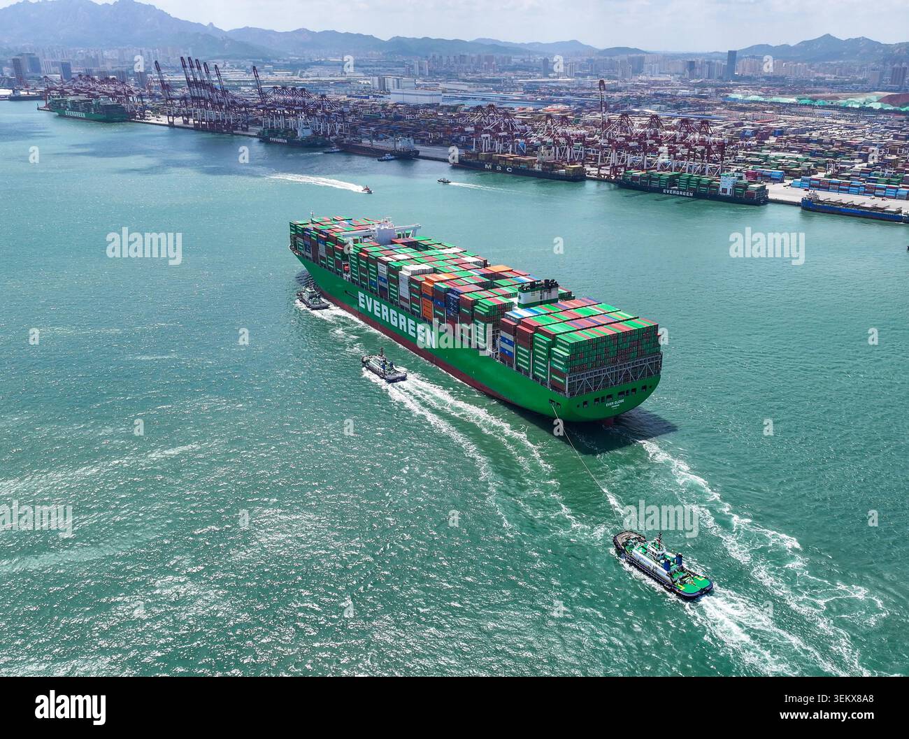 Large container ships loaded with foreign trade goods arrive at or ...