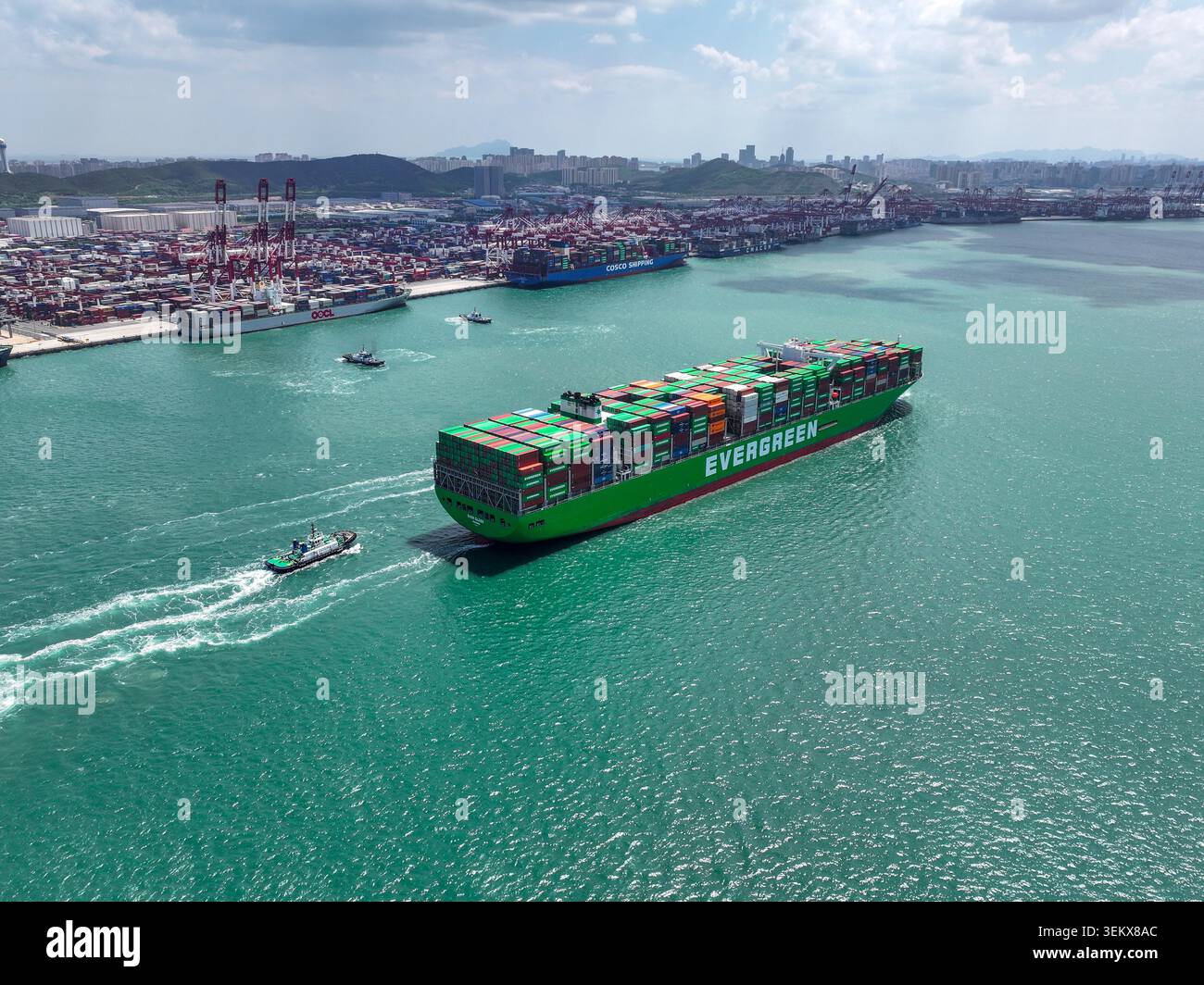 Large container ships loaded with foreign trade goods arrive at or ...