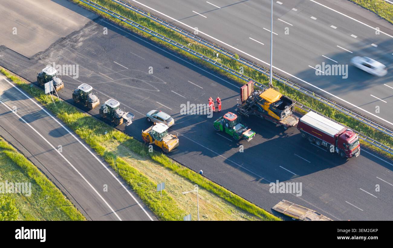 Nieuwegein, Netherlands - 09 May 2026: Aerial view of road construction ...