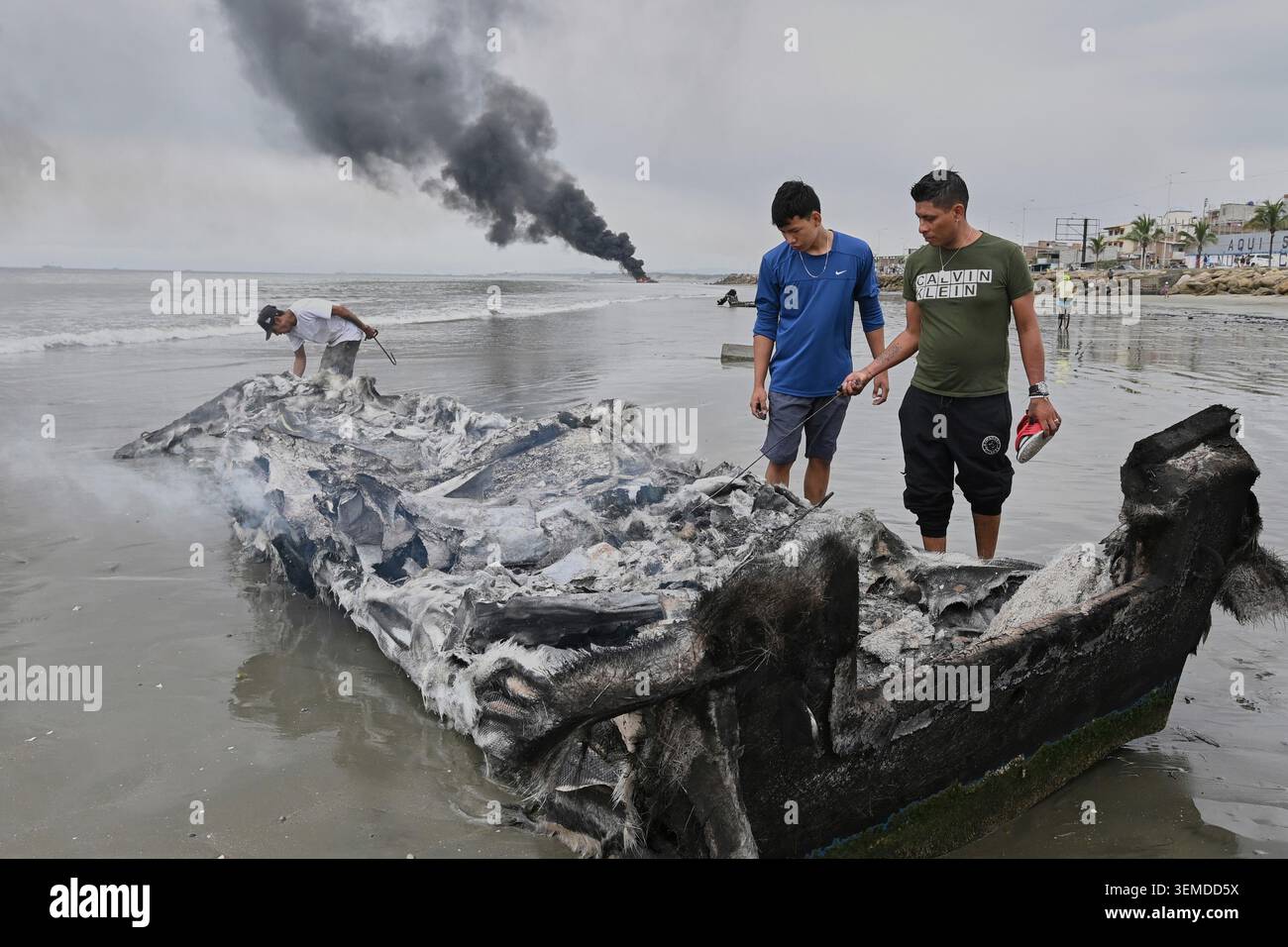 Fishing boats burn in Manta, Ecuador, Saturday, June 6, 2026. (AP Photo ...