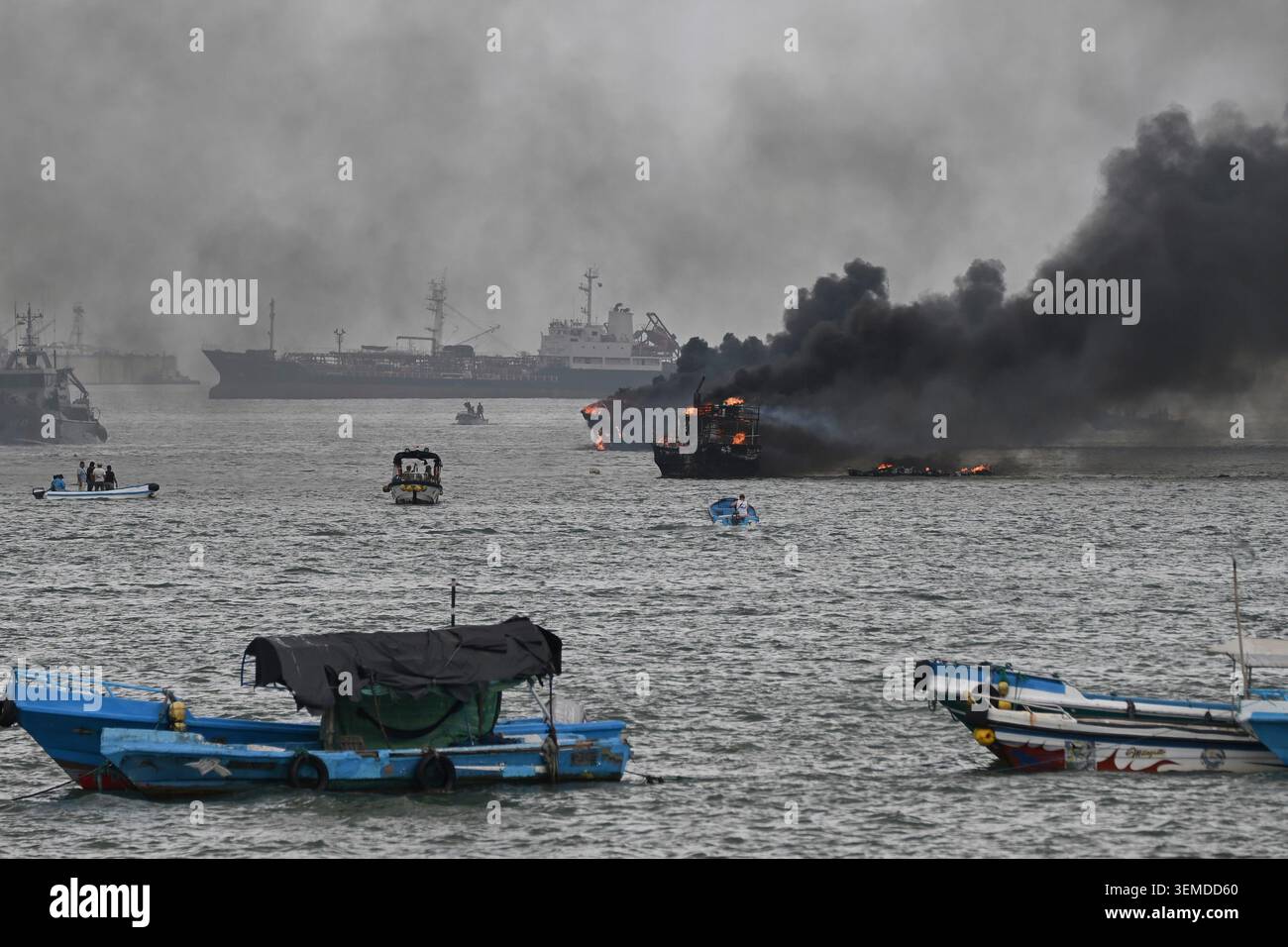 Fishing boats burn in Manta, Ecuador, Saturday, June 6, 2026. (AP Photo ...
