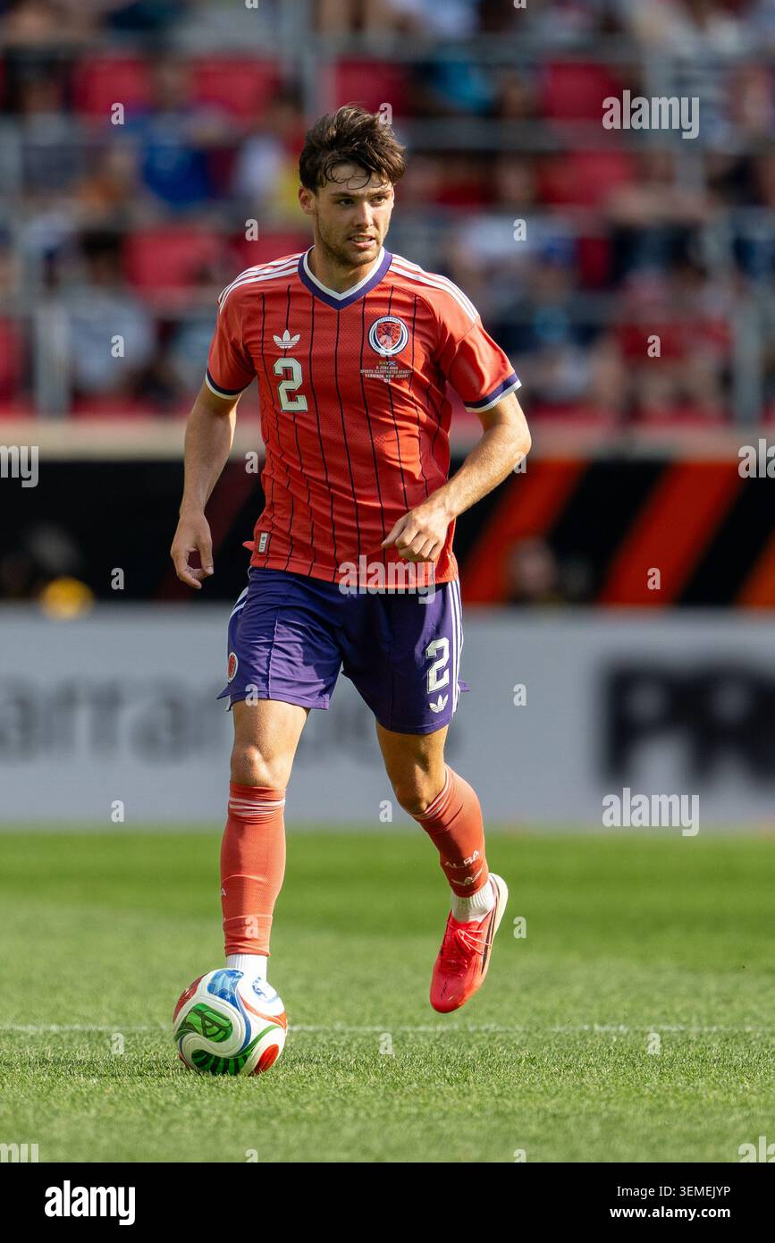 Aaron Hickey (2) of Scotland plays the ball during an international ...