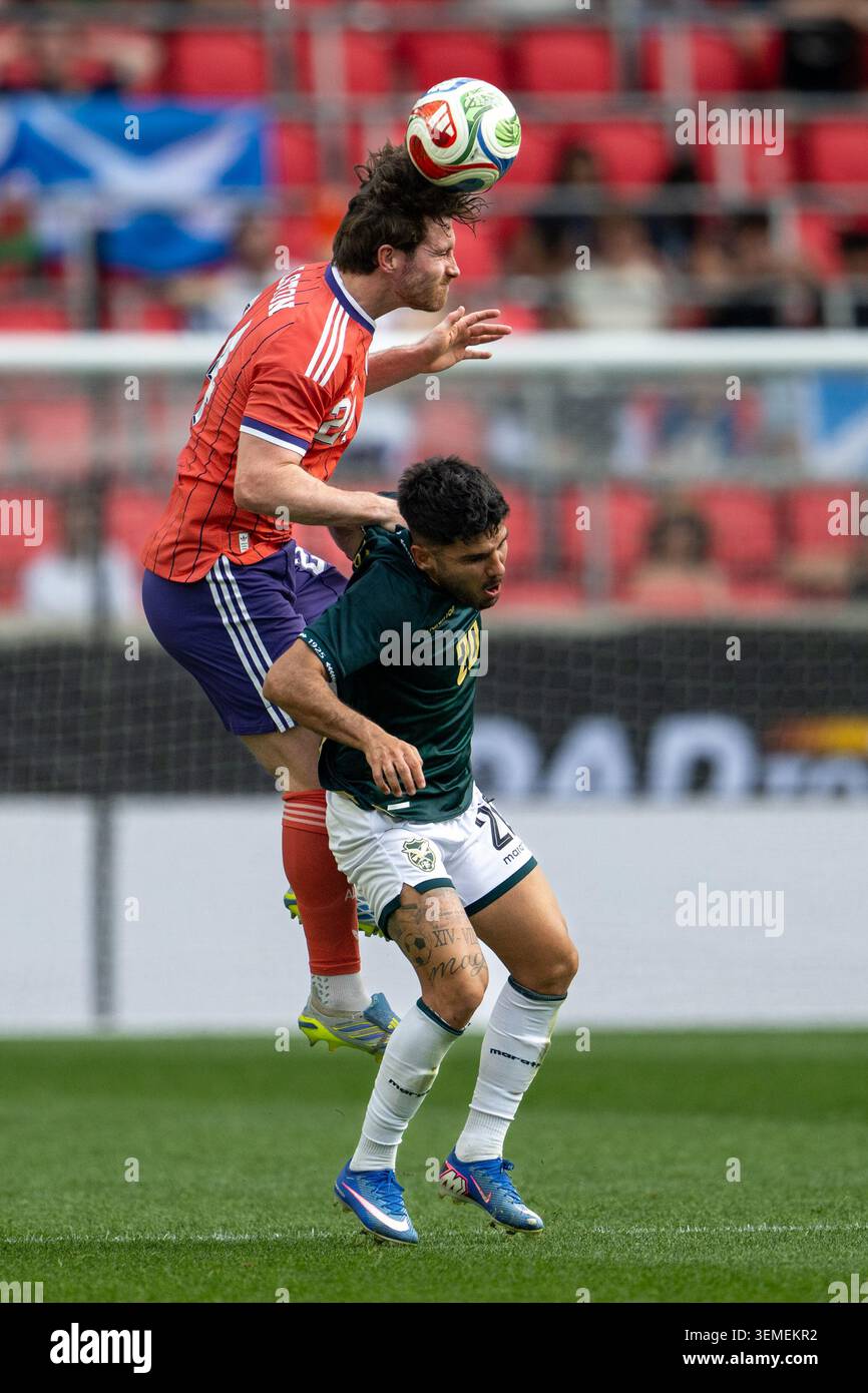 Anthony Ralston (24) of Scotland seen heading the ball during an ...