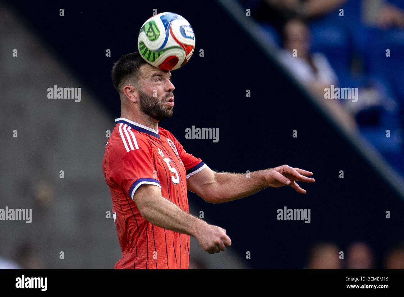 Grant Hanley (5) of Scotland seen heading the ball during an ...