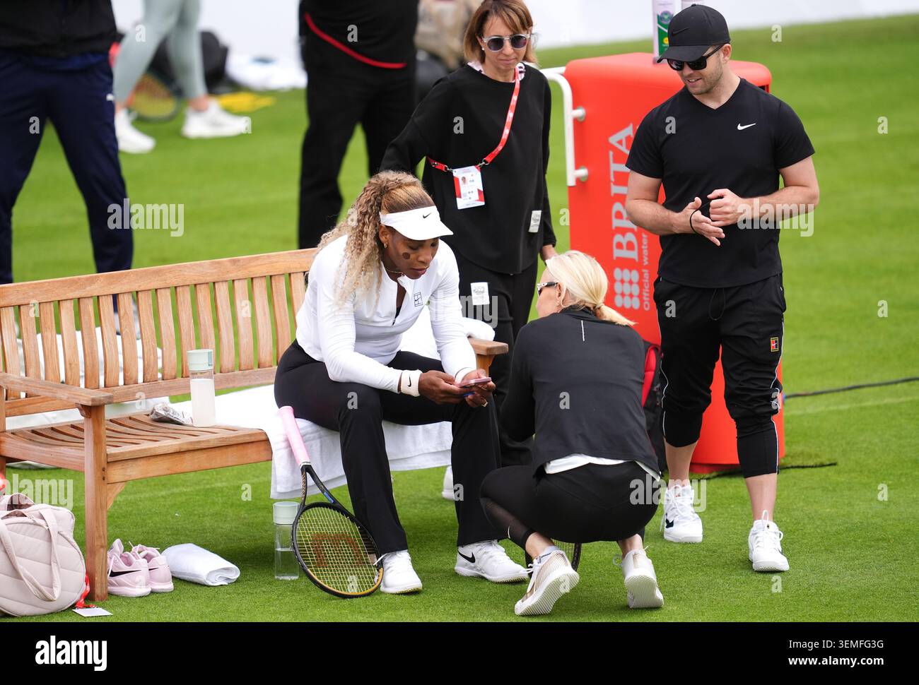 Serena Williams of the USA (left) speaks with coach Rennae Stubbs at ...