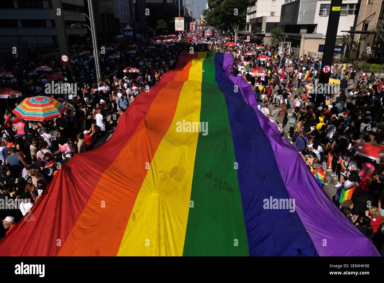 People carry a giant rainbow flag during the annual Pride Parade in Sao ...