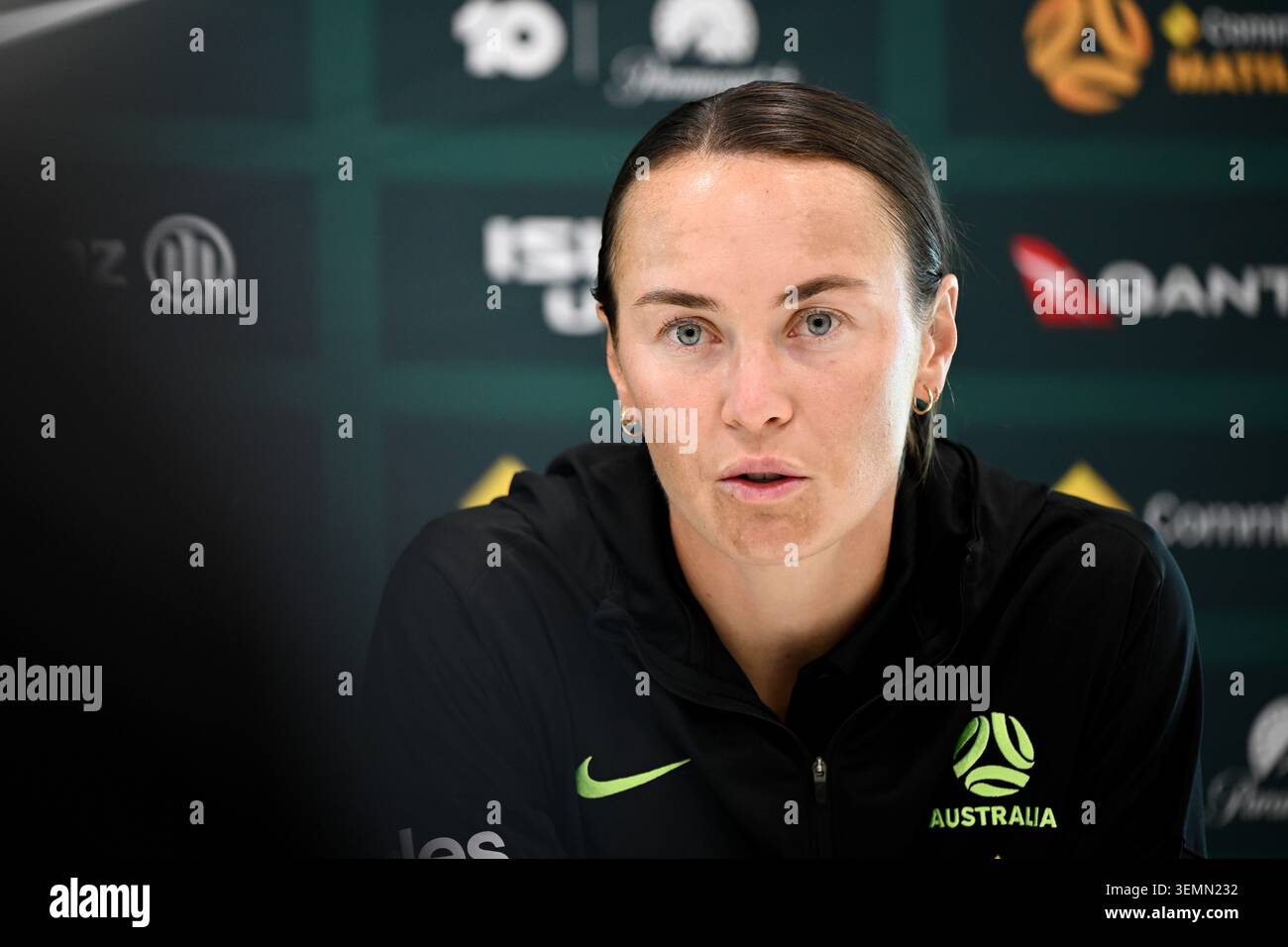 Sydney, Australia. 08th June, 2026. Matilda's Caitlin Foord speaks to ...