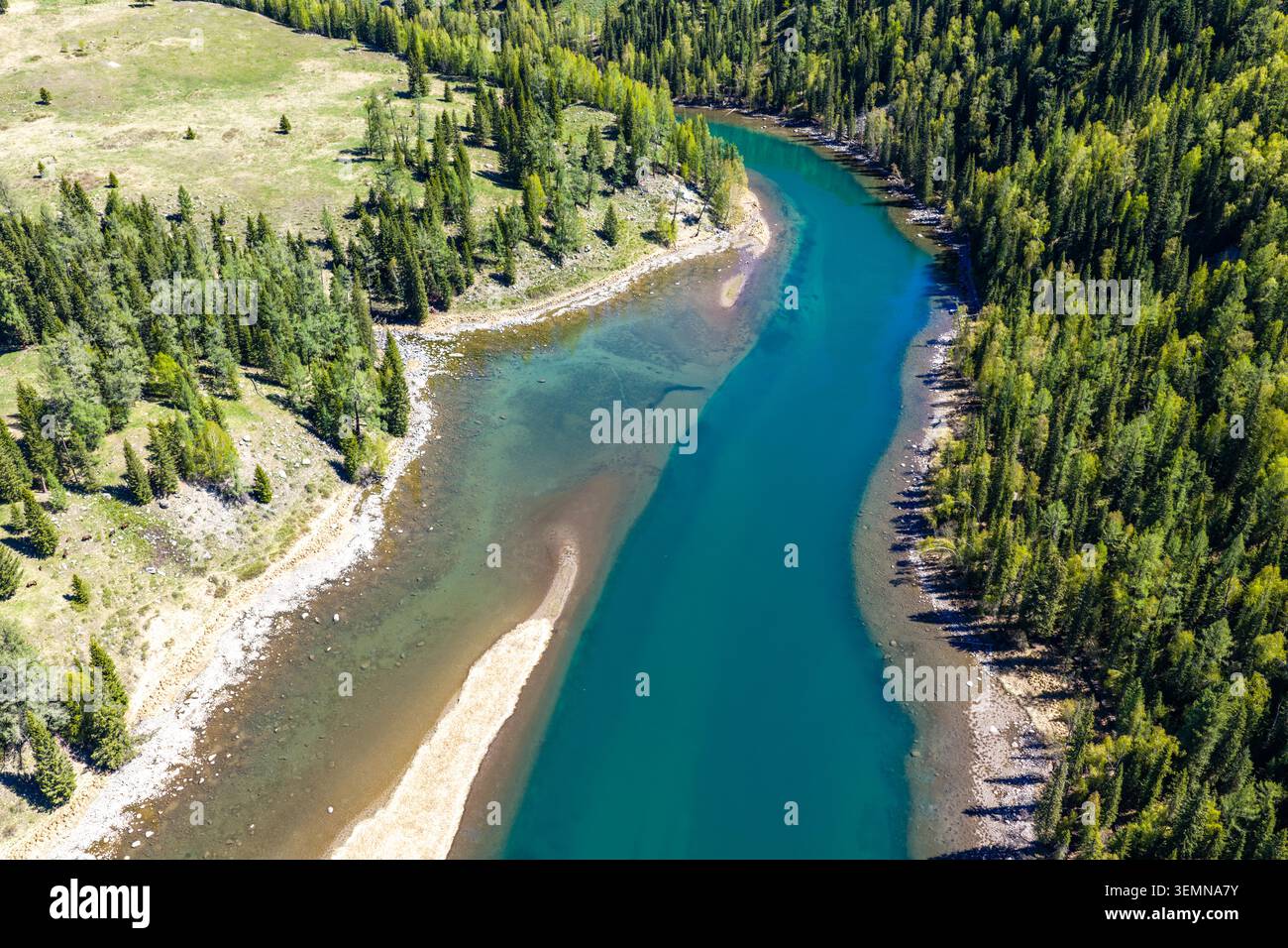 The Kanas River meanders through the valley at Kanas Moon Bay ...
