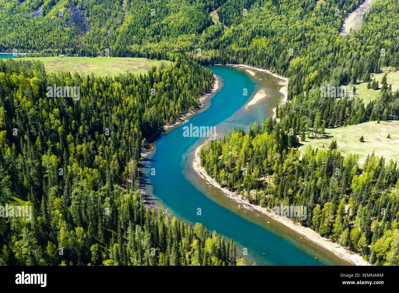 The Kanas River meanders through the valley at Kanas Moon Bay ...