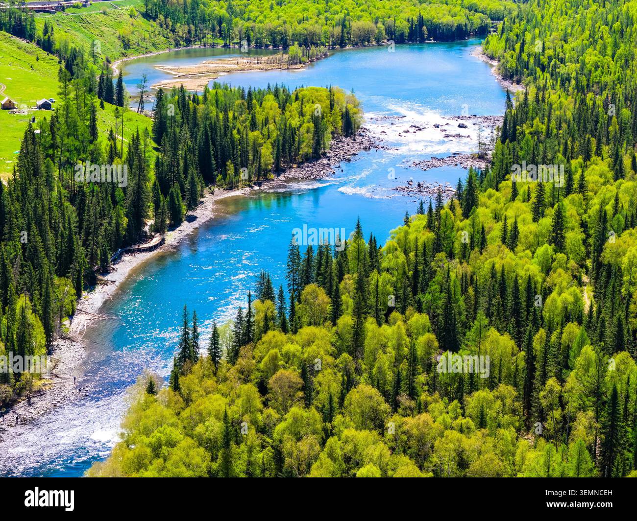 The Kanas River meanders through the valley at Kanas Moon Bay ...