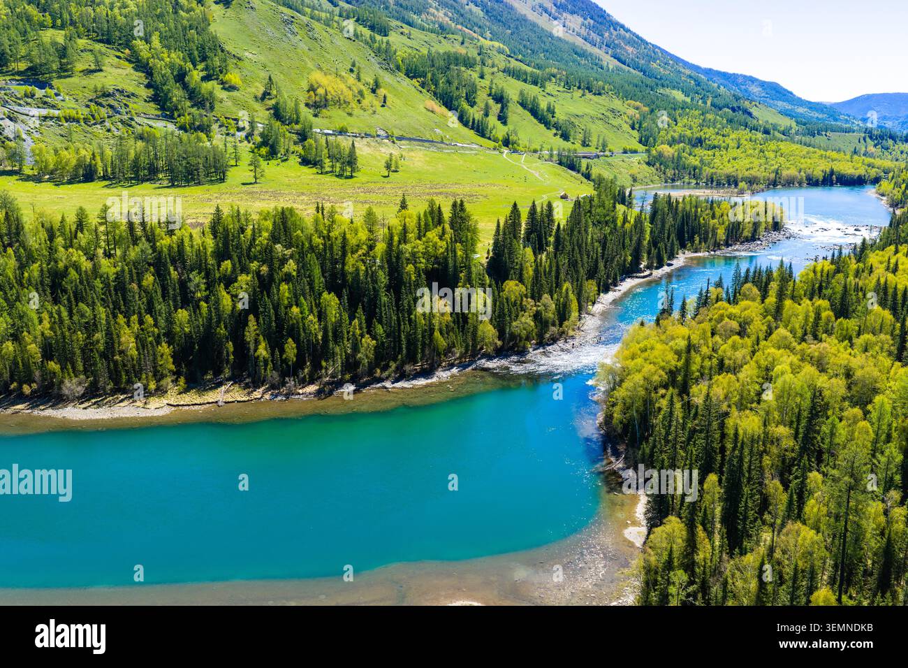 The Kanas River meanders through the valley at Kanas Moon Bay ...