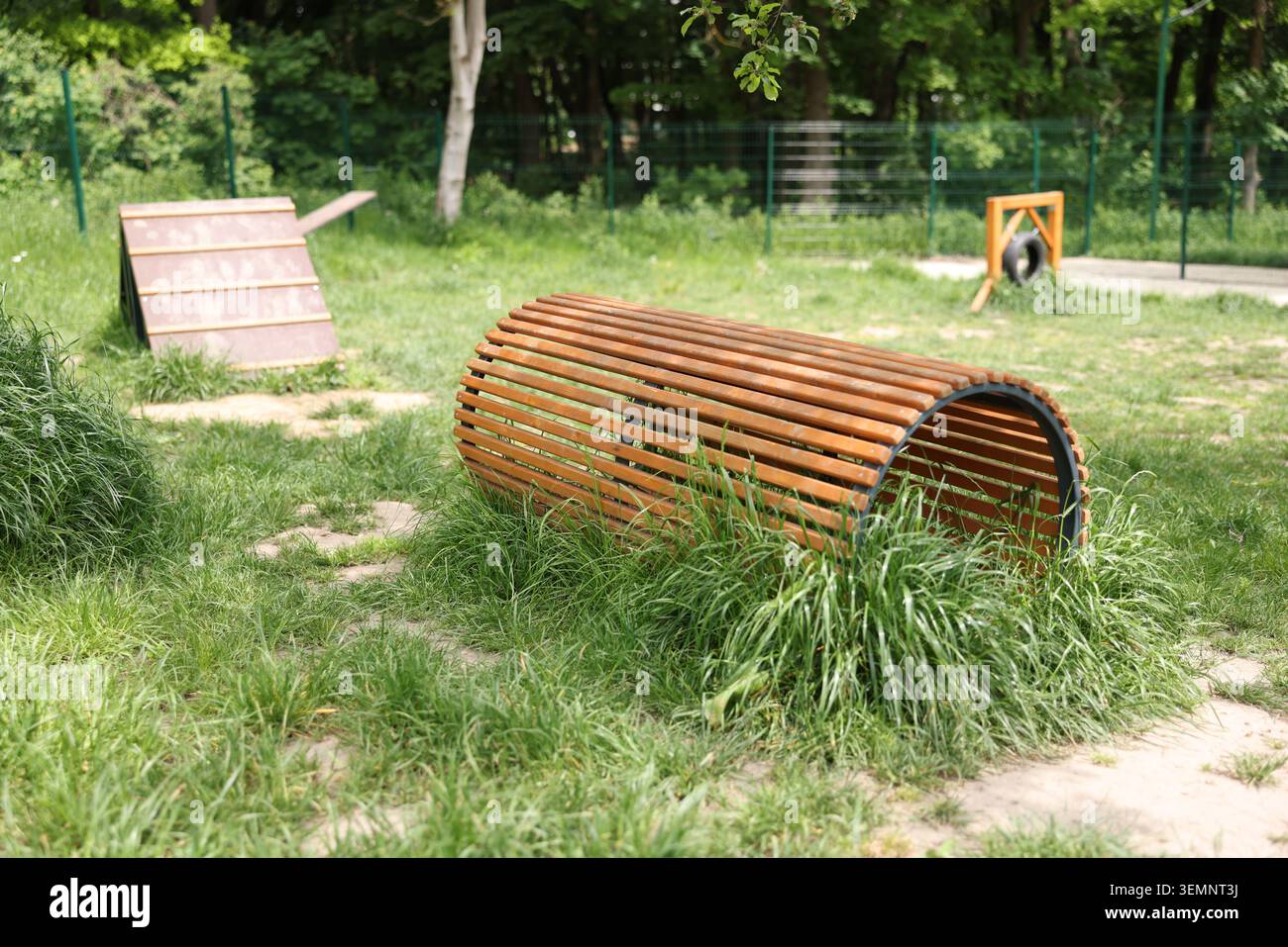 Wooden tunnel at training ground in dog park Stock Photo - Alamy