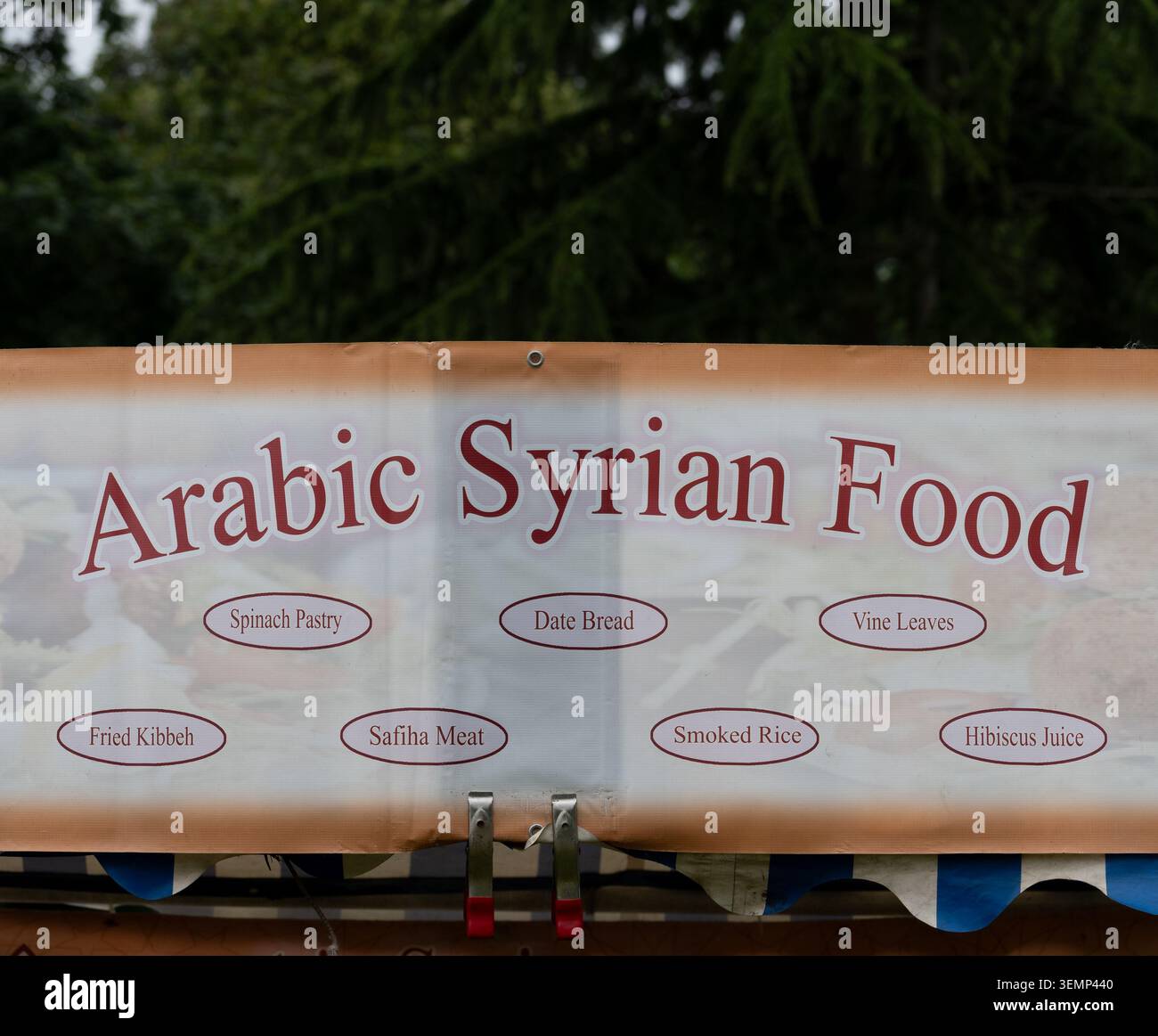 Sign on a stall selling Arabic Syrian food, Leamington Spa, UK Stock ...
