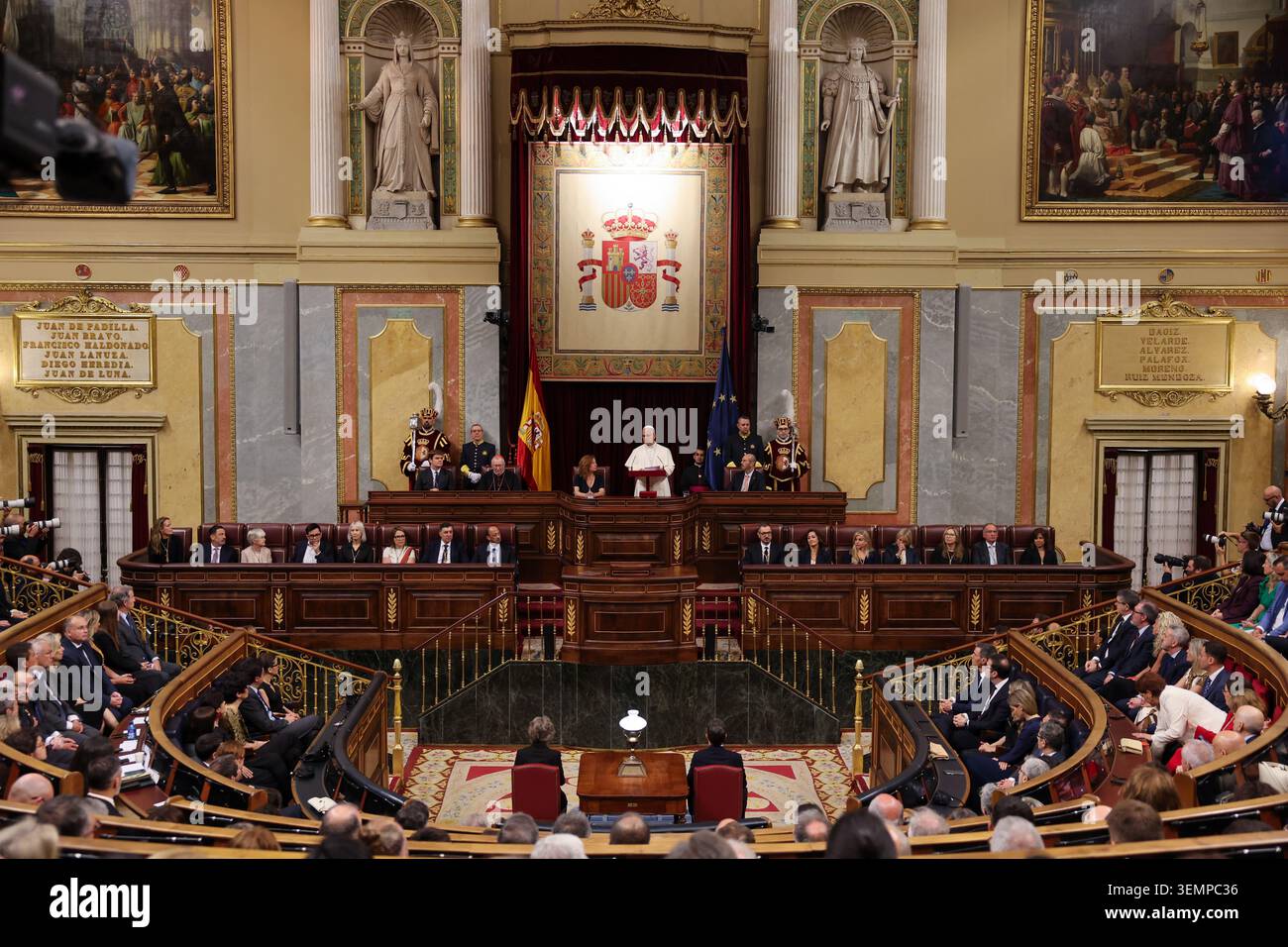 Pope Leo XIV speaks at the Spanish Parliament in Madrid, Monday, June 8 ...