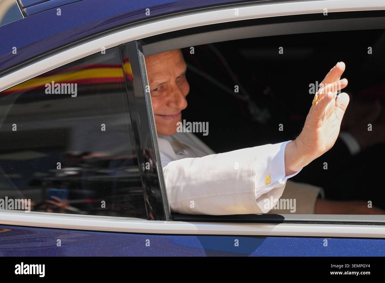 Pope Leo XIV waves as he exits the Spanish parliament in Madrid, Spain ...