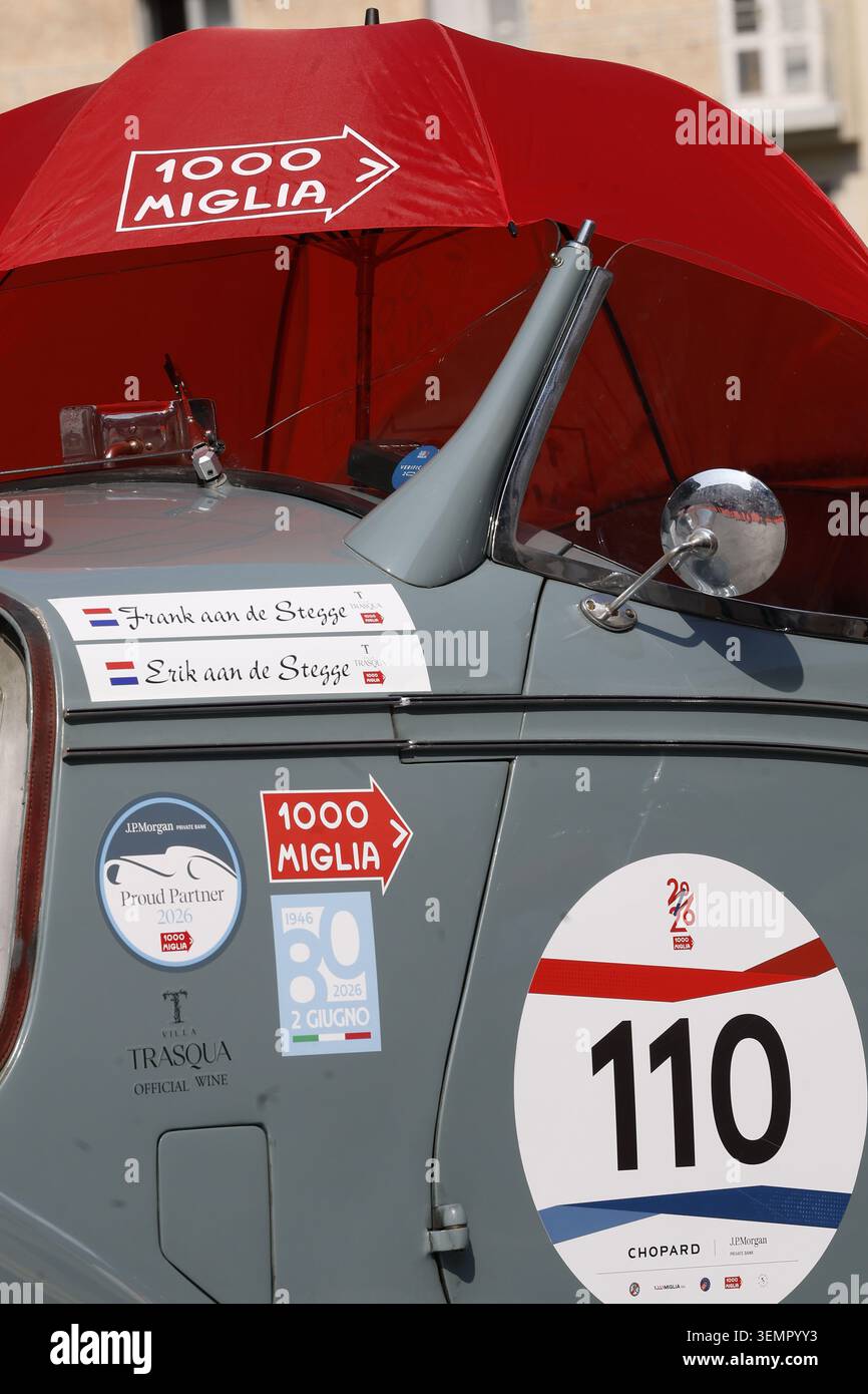 IPA85479990 - A detail of a vintage car during punching of 1000 Miglia ...