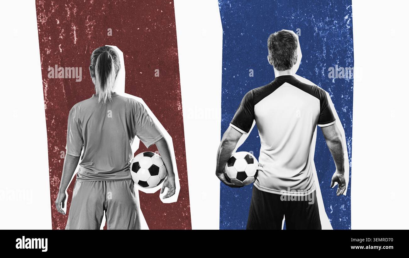 soccer players - female and male at soccer stadium. ready for game in ...