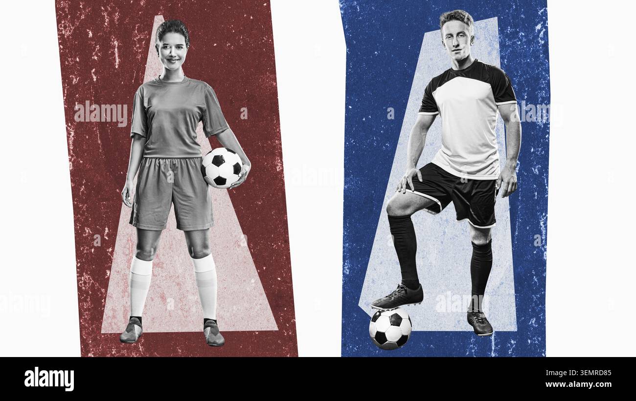 soccer players - female and male at soccer stadium. ready for game in ...