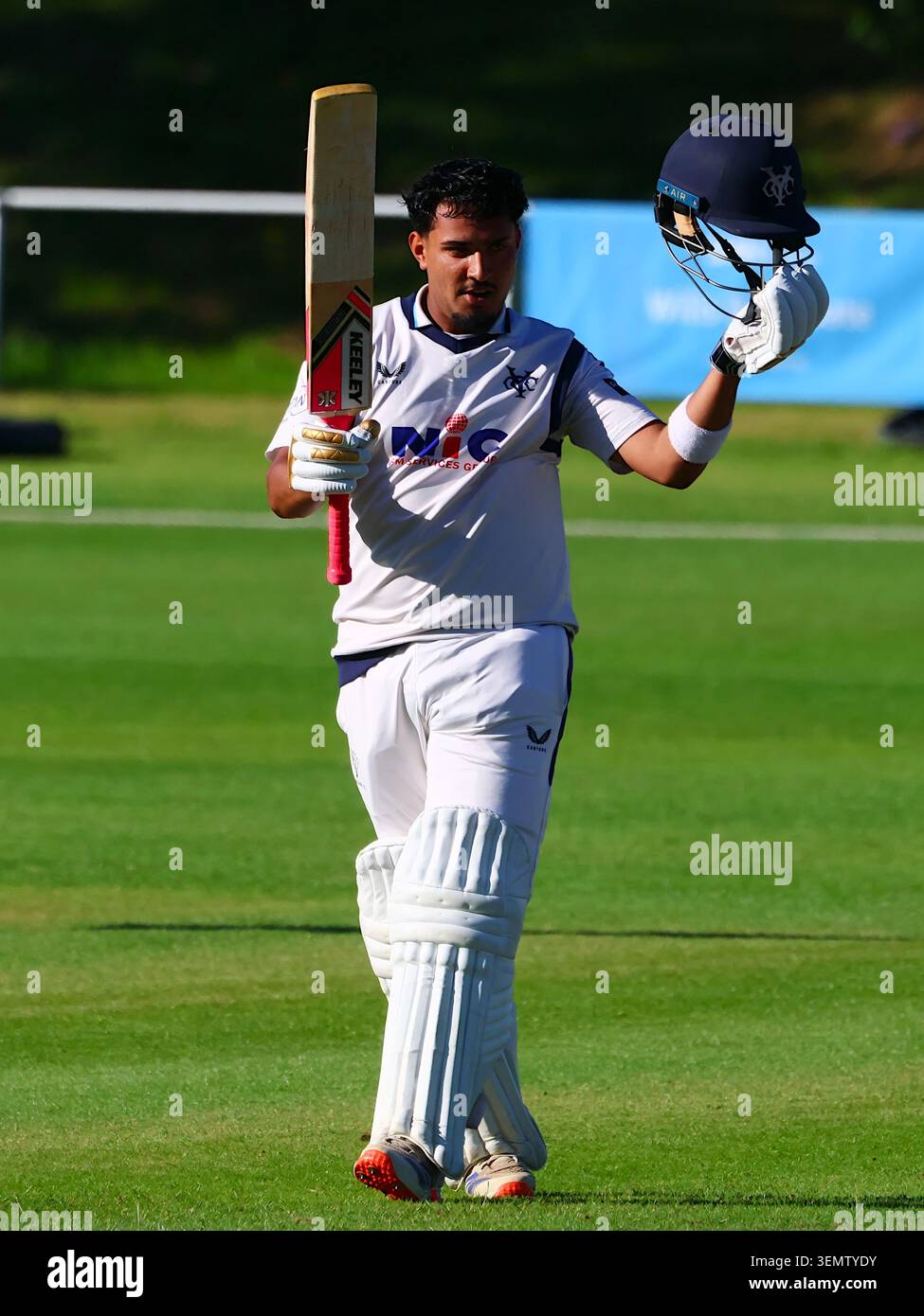 Sheffield, UK. 08 Jun, 2026. Jawad Akhtar of Yorkshire reaches 100 runs ...
