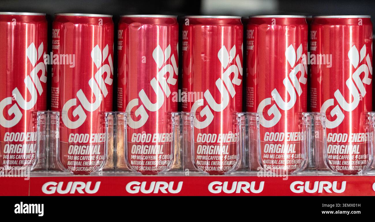 Cans of GURU, an organic energy drink are seen in the their offices in ...