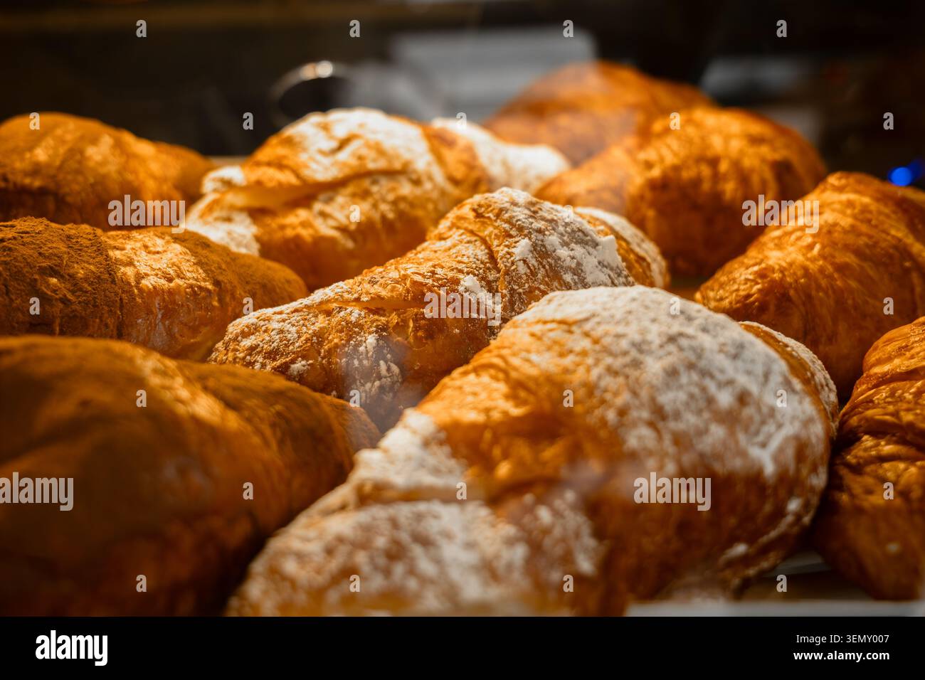 Golden brown, flaky French pastries dusted with sugar, shot with ...
