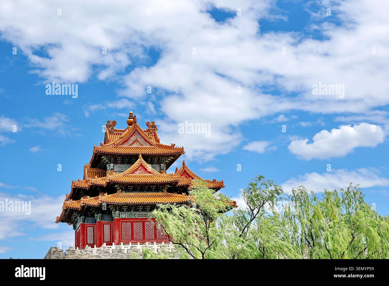 Tourists take photos of the Forbidden City's corner tower against clear ...