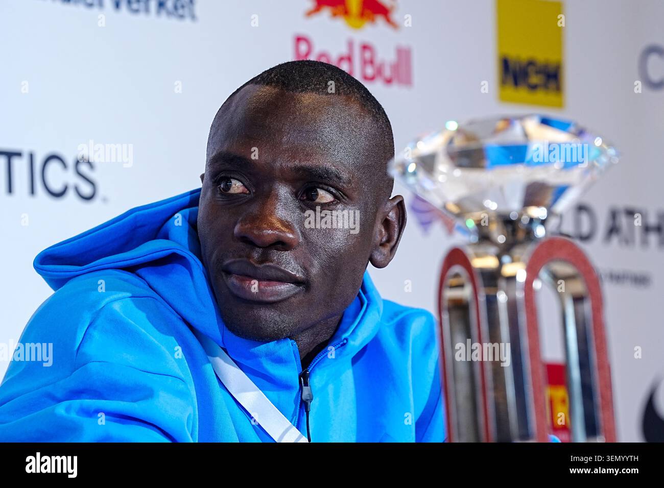 Oslo 20260609. Emmanuel Wanyoni (Kenya) at a press conference before ...