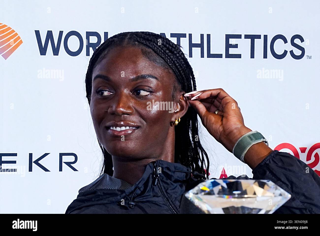 Oslo 20260609. Julien Alfred at a press conference before the Bislett ...