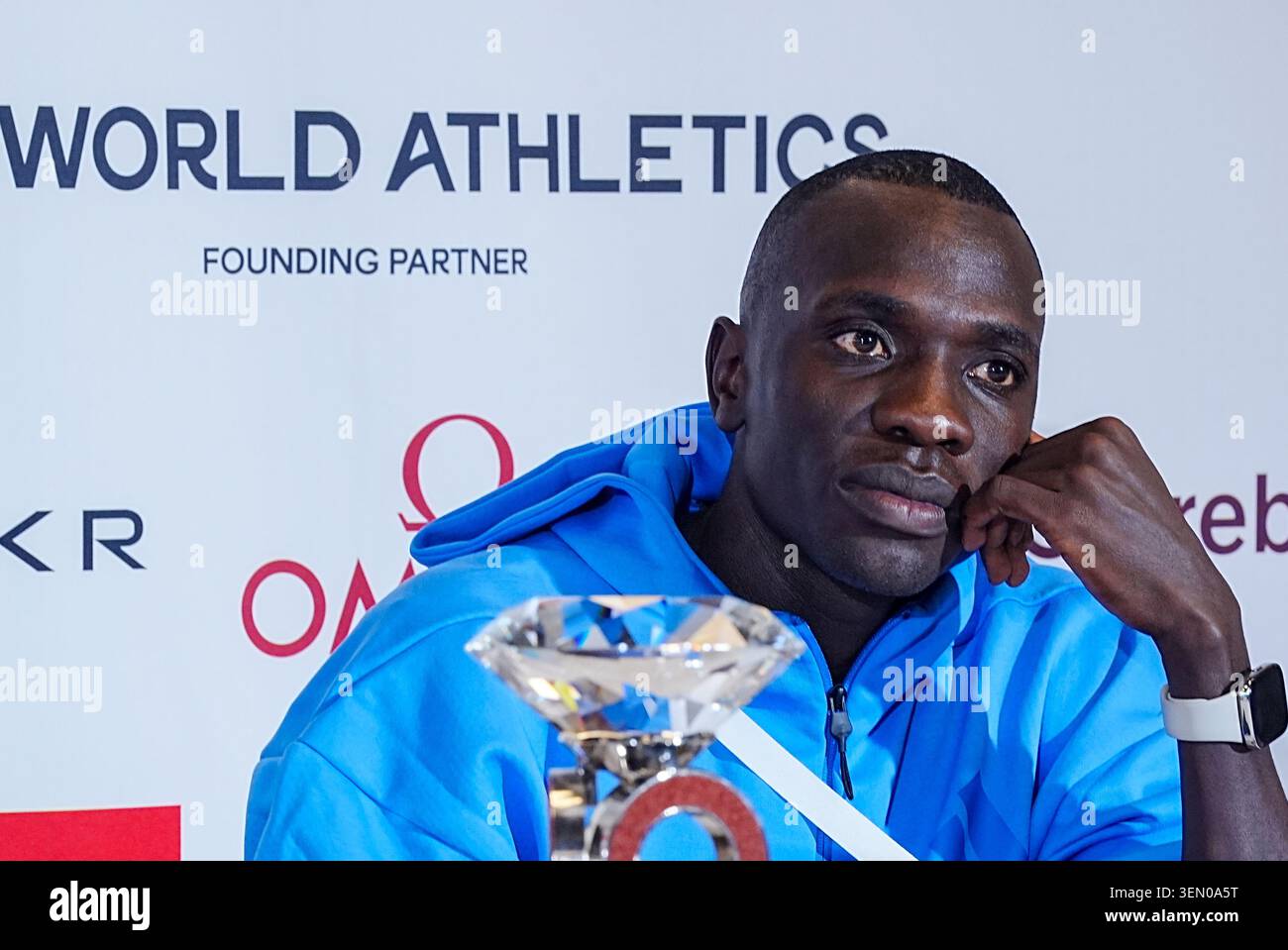 Oslo 20260609. Emmanuel Wanyoni (Kenya) at a press conference before ...