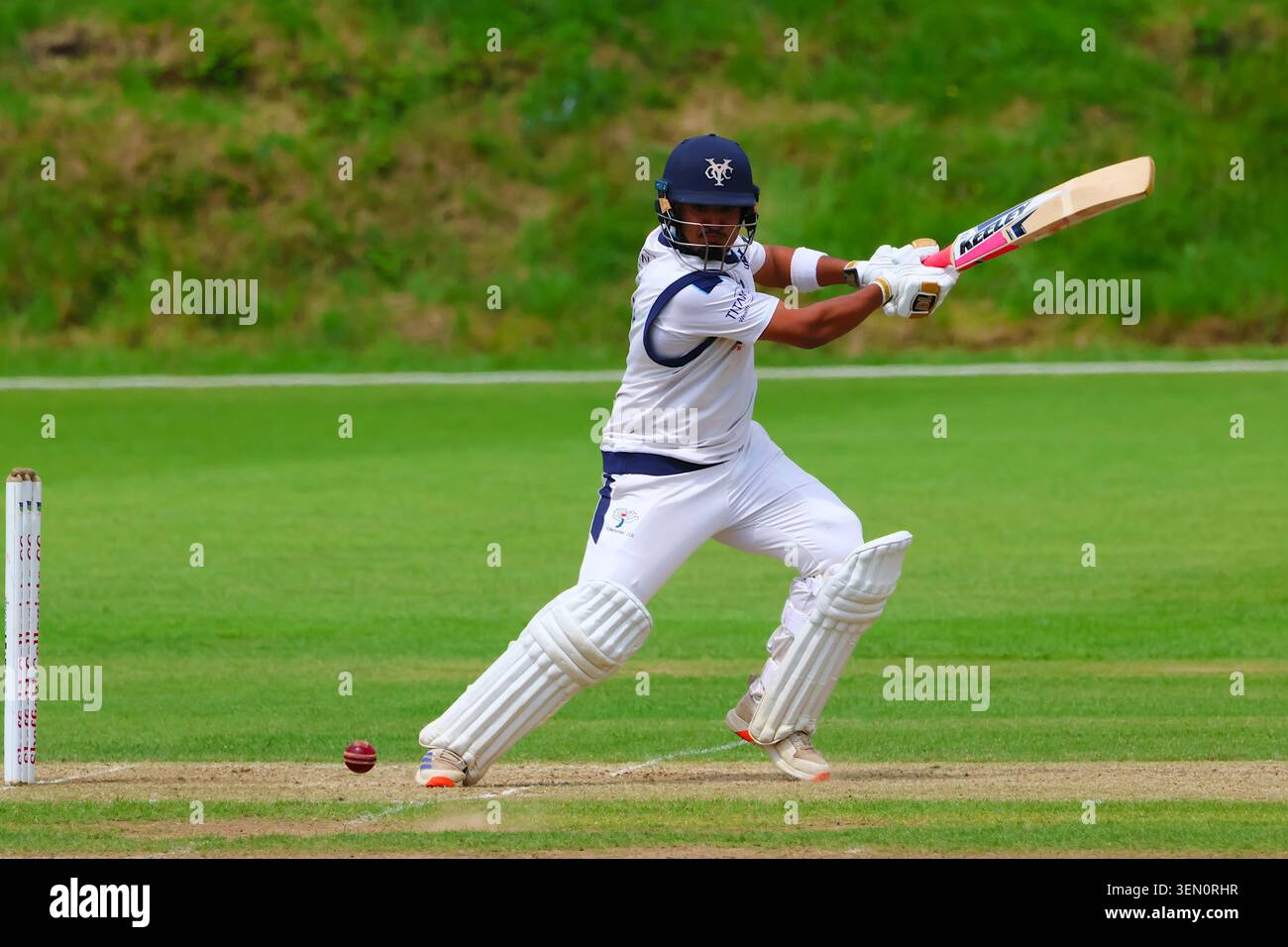 Sheffield, UK. 09 Jun, 2026. Jawad Akhtar of Yorkshire hits one to the ...