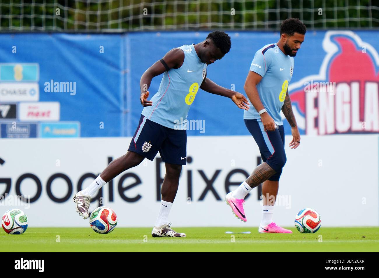 England's Bukayo Saka (left) during a training session at Palm Beach ...