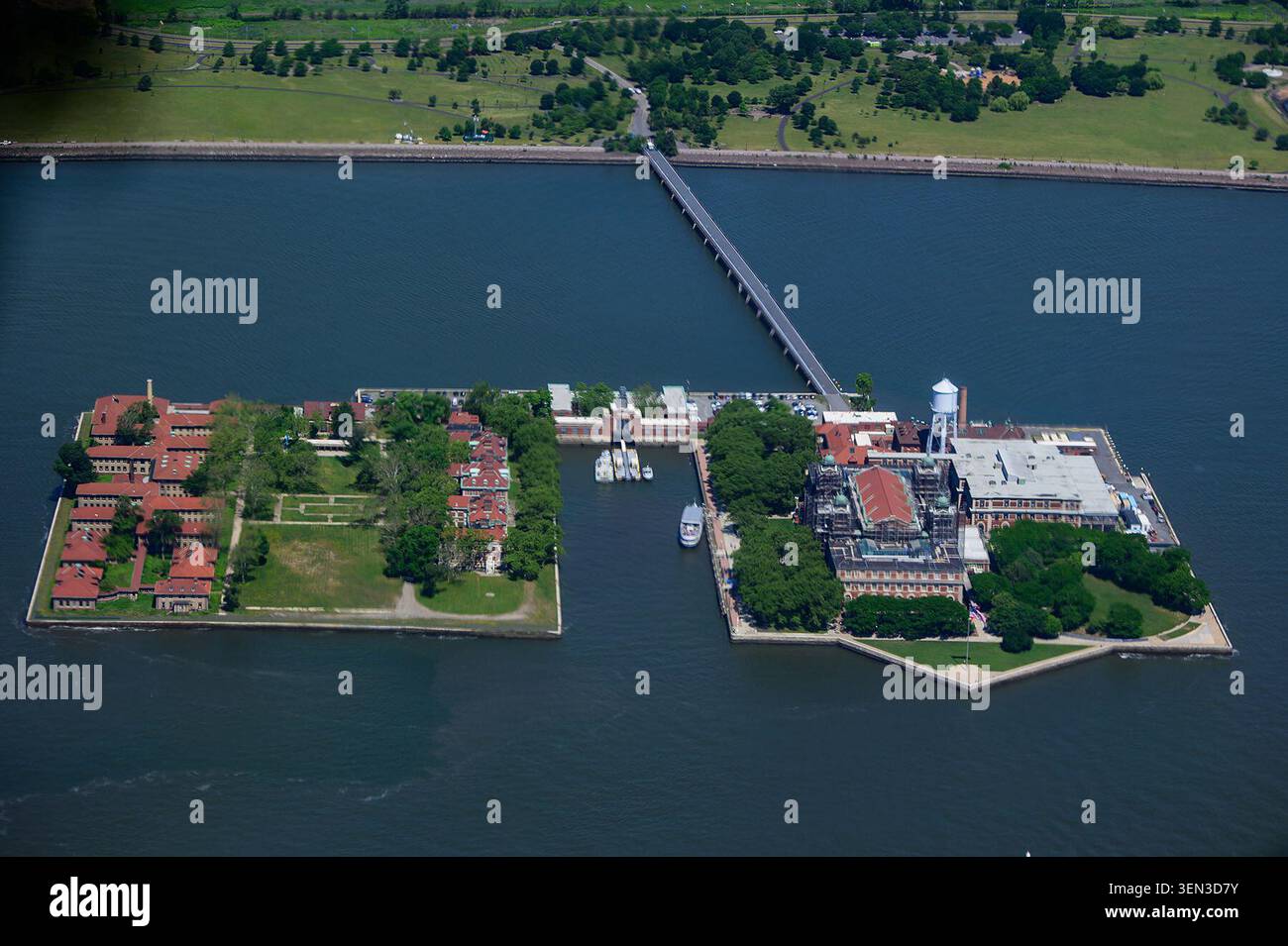 An aerial views shows Ellis Island National Museum of Immigration on ...