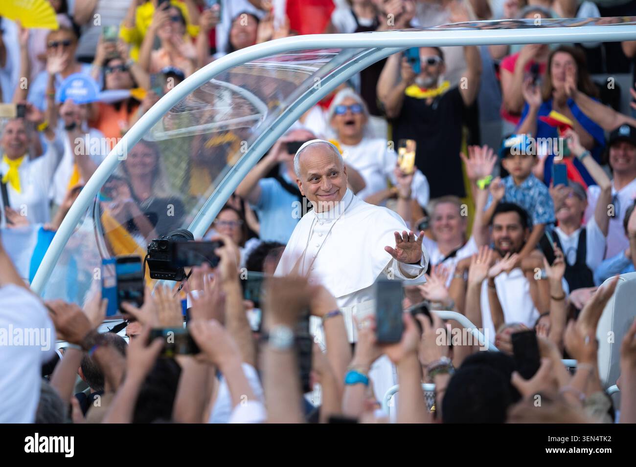 Pope Leo XIV during his visit to Spain in Estadi Olímpic Lluís Companys ...