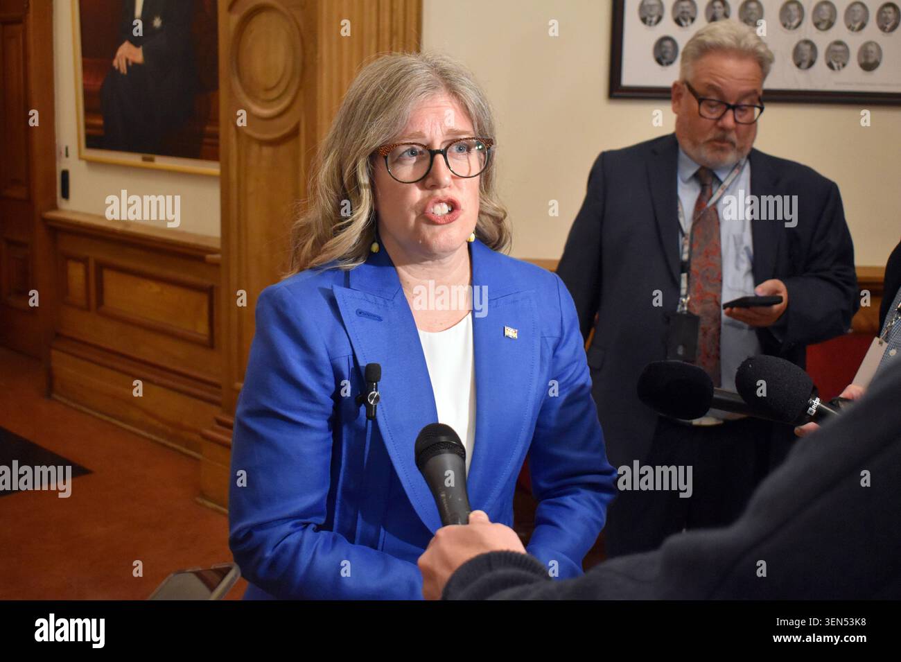 Premier Susan Holt speaks to reporters at the New Brunswick legislature ...