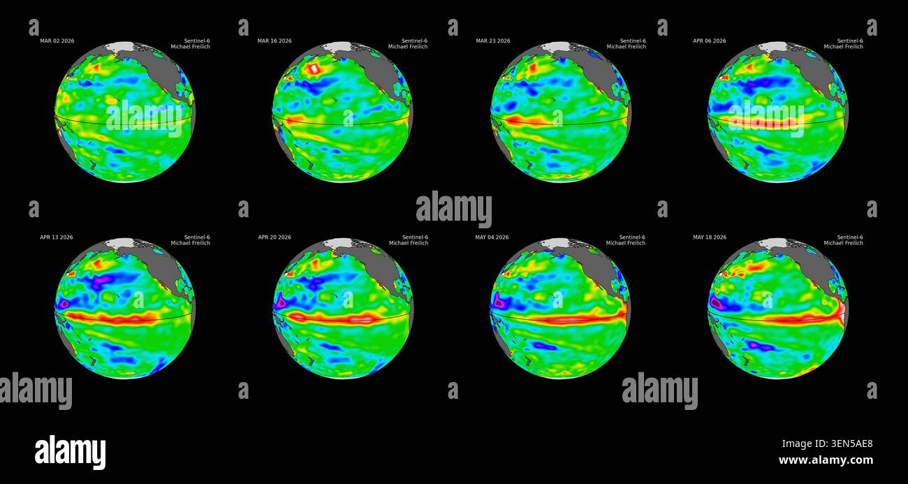 Developing El Nino, spring 2026. Globes showing central and Pacific ...