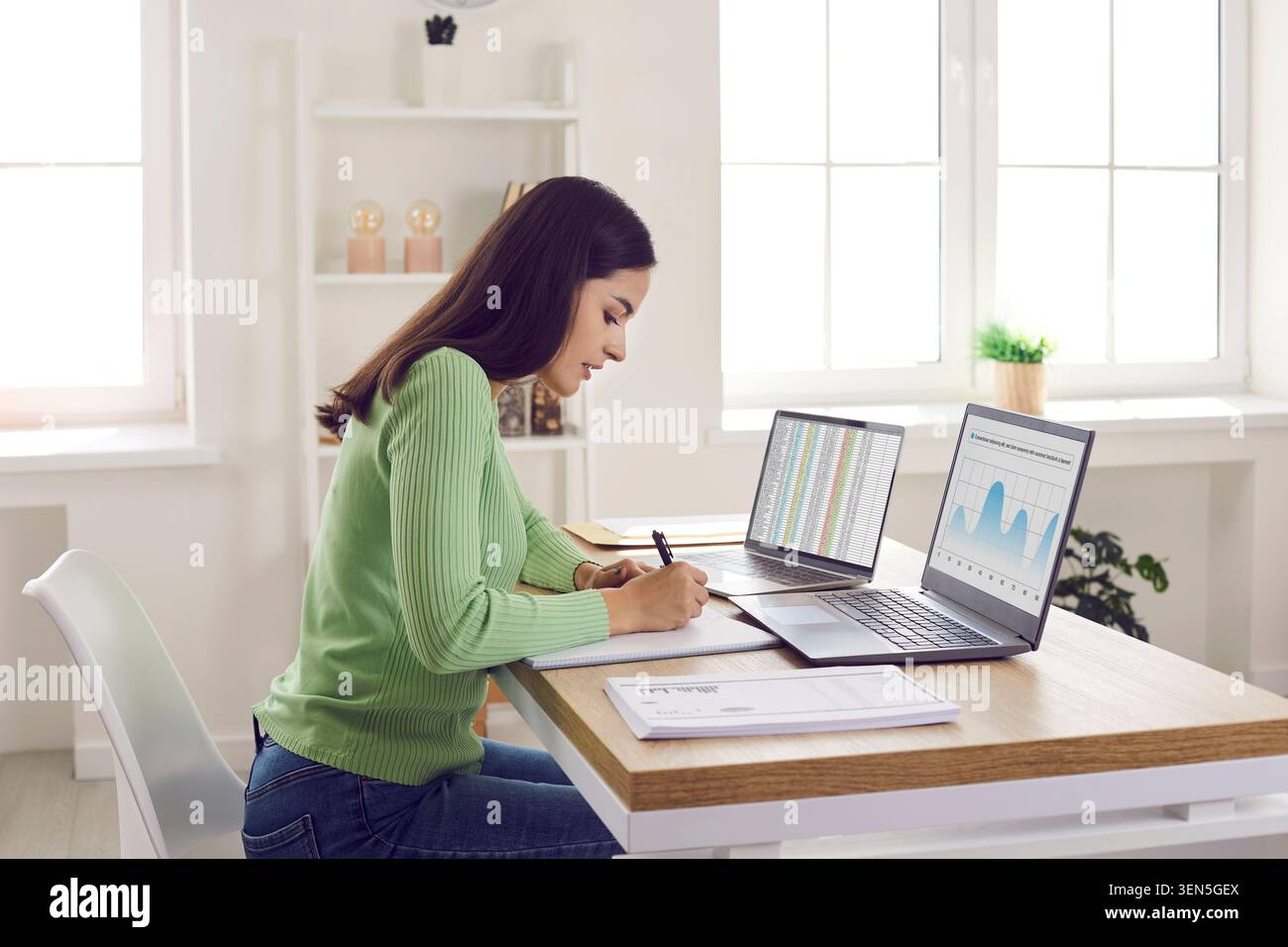 Female accountant analyzing financial data at laptops in bright home ...