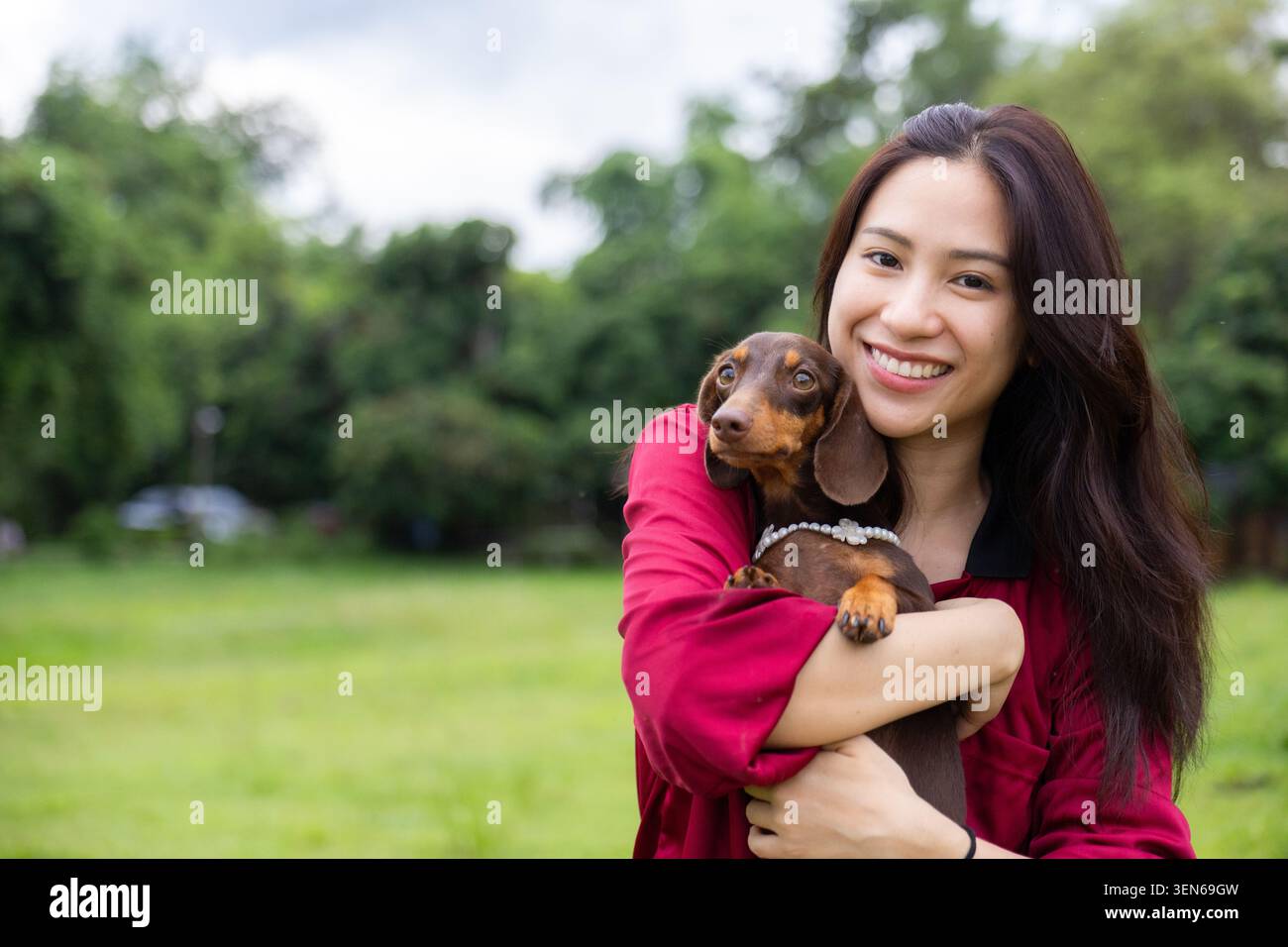 Woman dog puppy park smile embrace pet grass portrait outdoor Stock ...