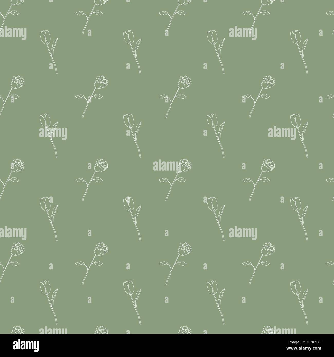 Seamless floral pattern with simple white line drawings of stems ...