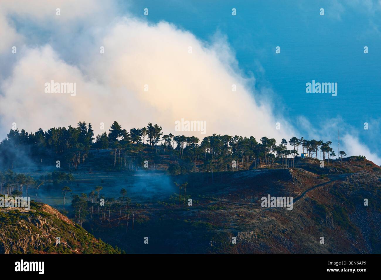 Sunlit hills of Madeira are draped in a dense blanket of low clouds and ...