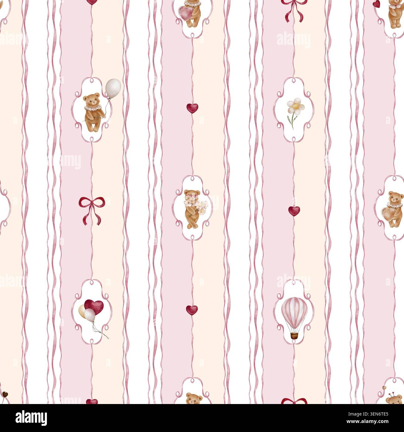 Vintage-style Teddy Bear seamless pattern with delicate pink ribbon ...