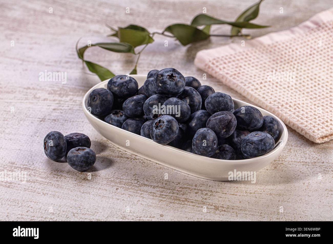 Fresh blueberries in white ceramic bowl on light stone surface with ...