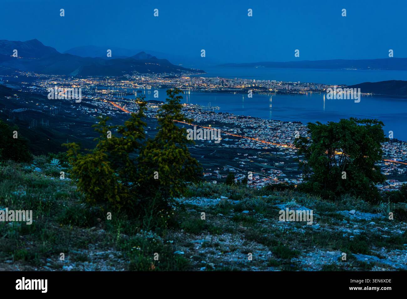 Panoramic view of Croatian coastal city Split viewed from moutain ...