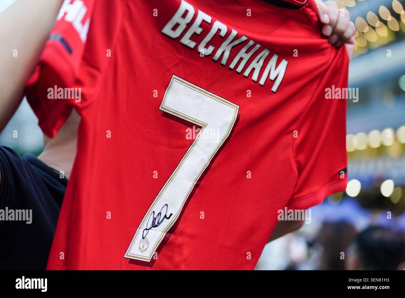A jersey signed by Former English soccer player David Beckham at an ...