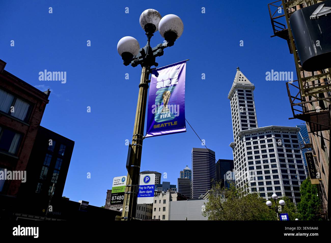 Fifa logo's are pictured in Seattle, USA, on Tuesday 09 June 2026 ...