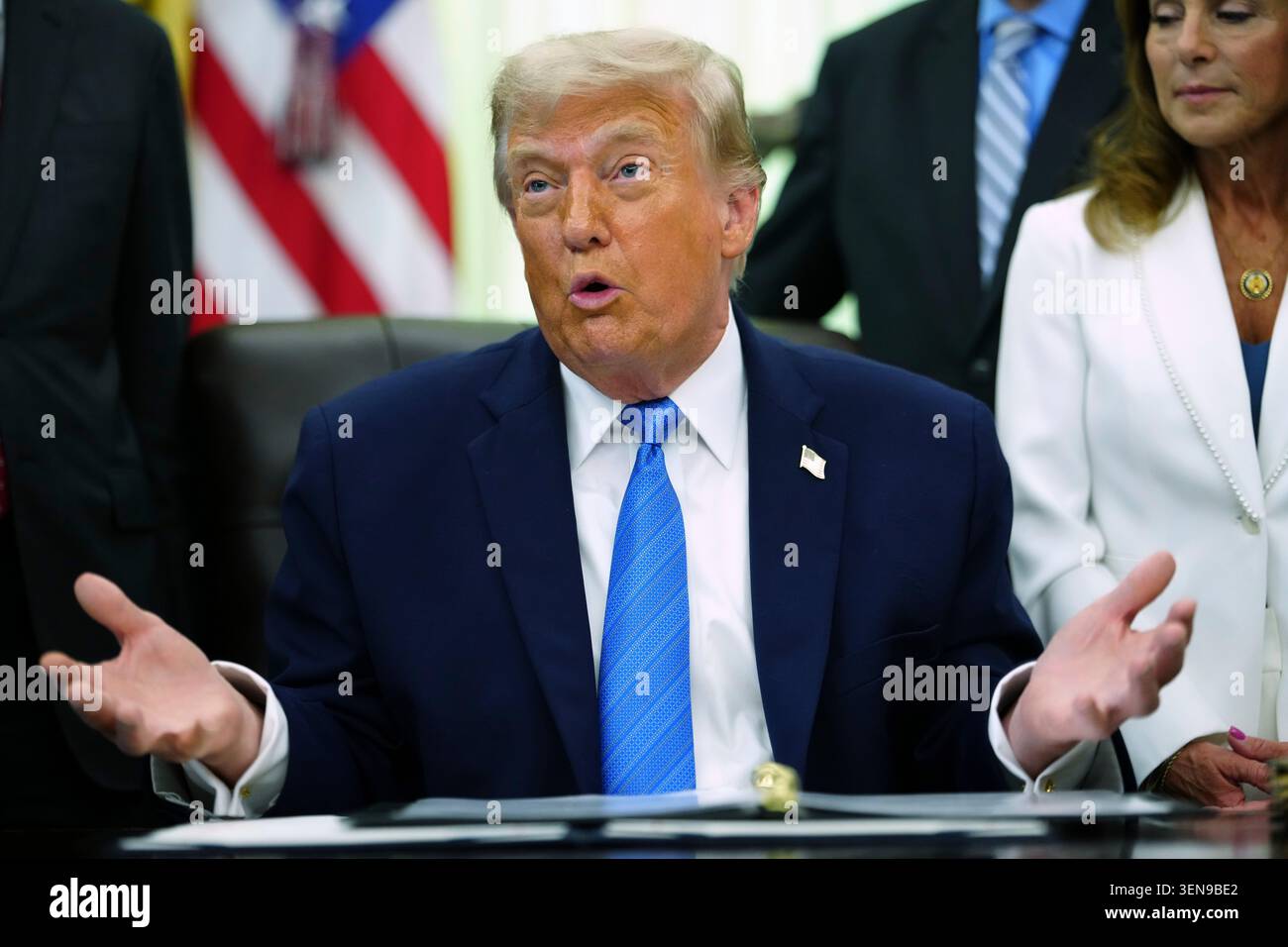 President Donald Trump speaks in the Oval Office of the White House ...