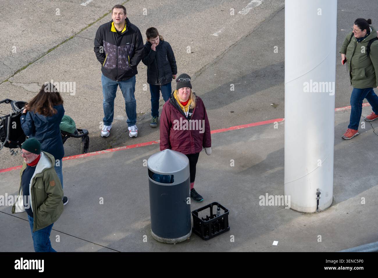 High-angle view of visitors walking in the outdoor courtyard of Technik ...